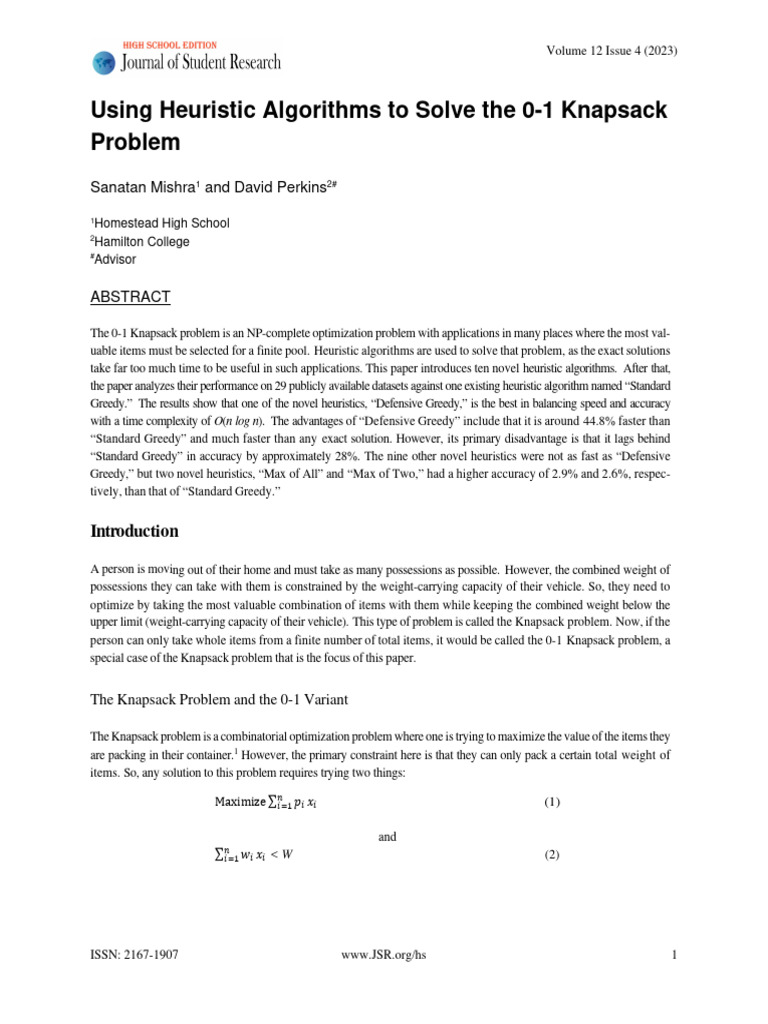 GREEDY-KNAPSACK - Using Heuristic Algorithms To Solve The 0-1 Knapsack | PDF | Time Complexity ...