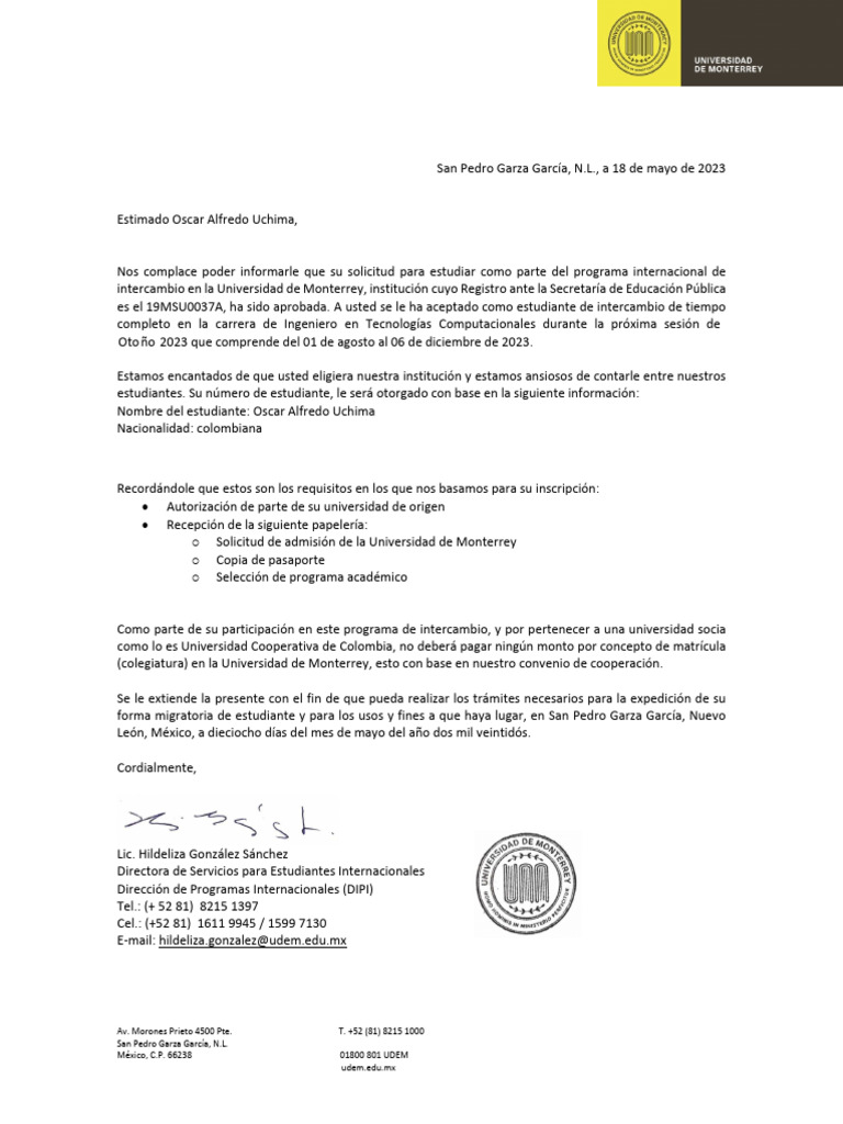 Carta Aceptacion UDEM Oscar Alfredo Uchima | PDF | Crecimiento personal ...
