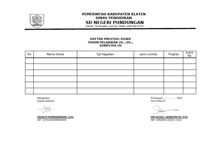 Contoh Format 44. DAFTAR PRESTASI SISWA Terbaru Tahun Pelajaran 2015 ...