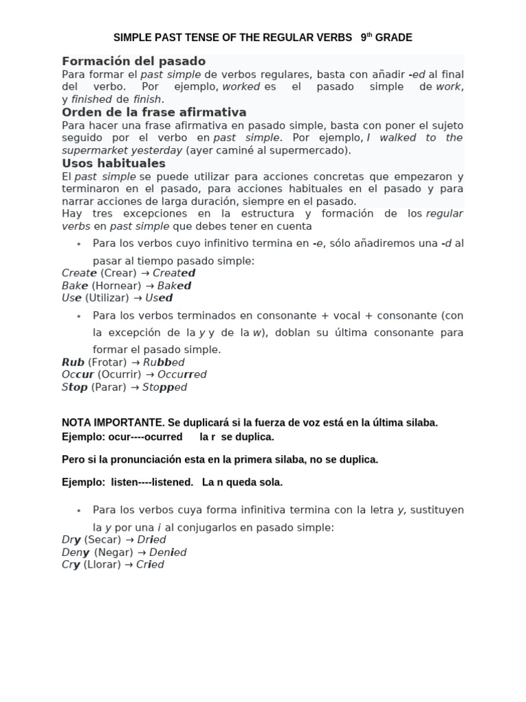 SIMPLE PAST TENSE OF THE REGULAR VERBS | PDF | Lingüística | Gramática