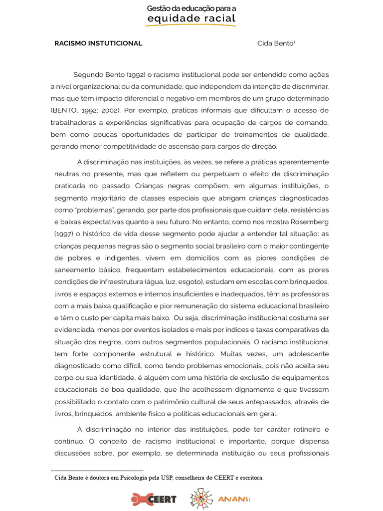 M1 Racismo Institucional Cida-01 | PDF | Racismo | Discriminação e ...
