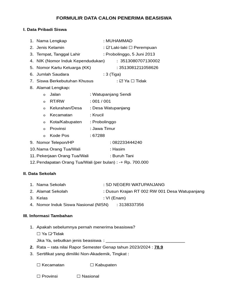 Formulir Data Calon Penerima Beasiswa | PDF | Kesehatan Holistik | Gaya ...