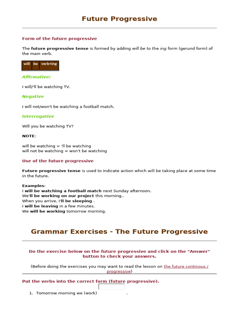 Future Progressive Tense Exercises | PDF
