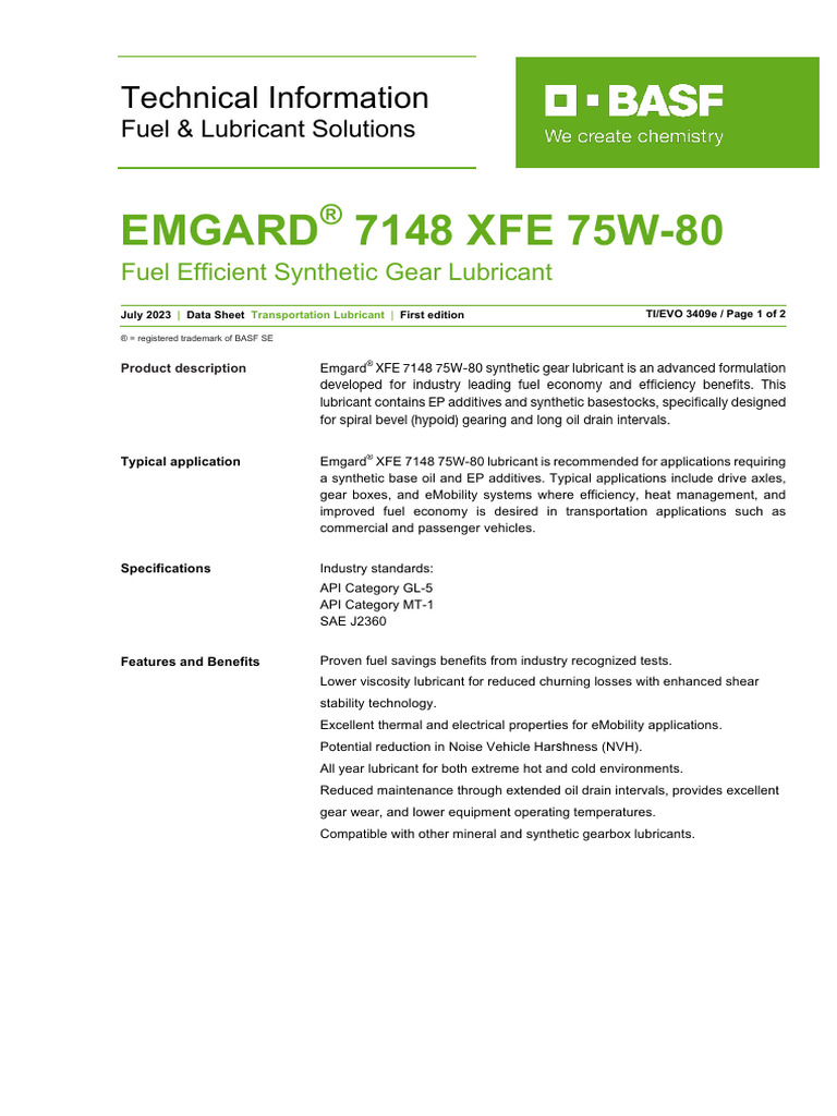 Ti EVO 3409e Emgard 7148 XFE 75W-80July2023 | PDF | Lubricant | Viscosity