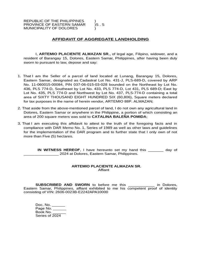 Affidavit of Aggregate Landholding | PDF | Affidavit | Evidence