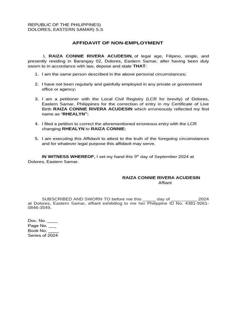 affidavit of non employment | PDF