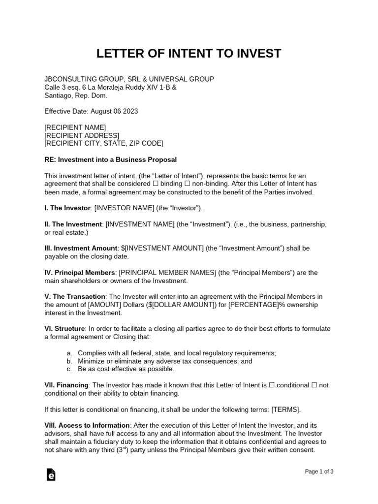 Business Investment Letter of Intent | PDF | Business | Business Law