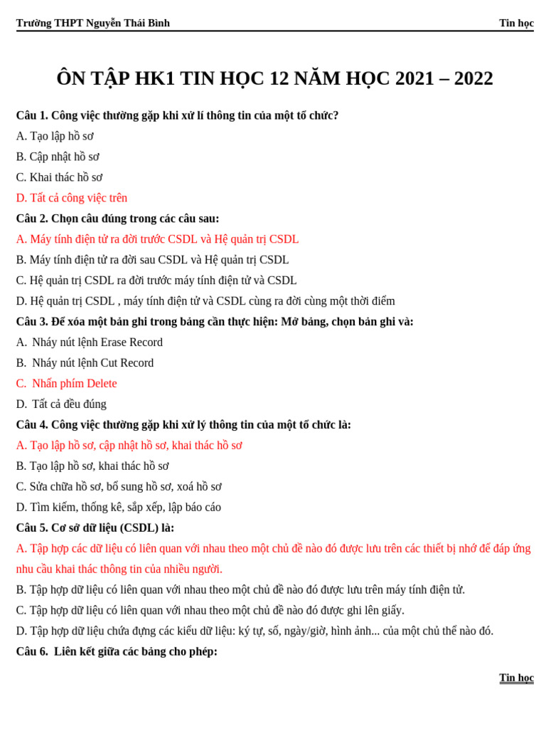 on tap tin học 12 hk1 21 - 22 | PDF