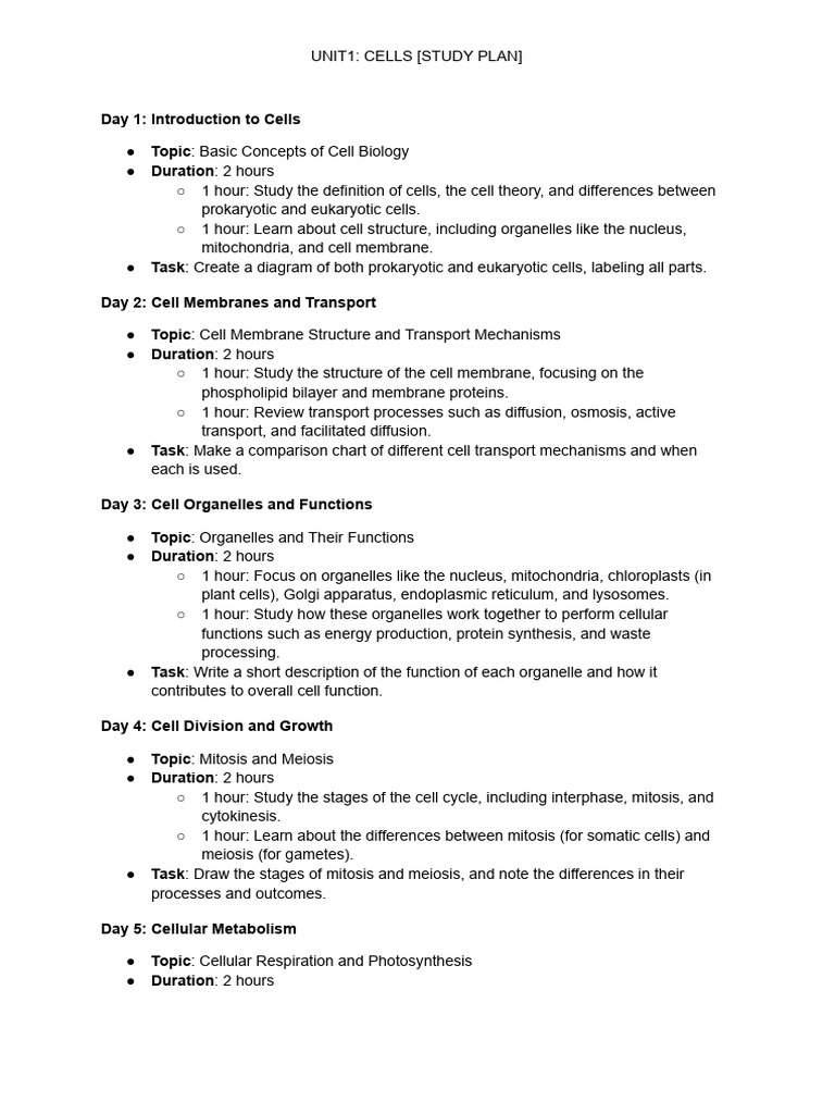 Comprehensive Cell Biology Study Plan | PDF | Cell (Biology) | Cell ...