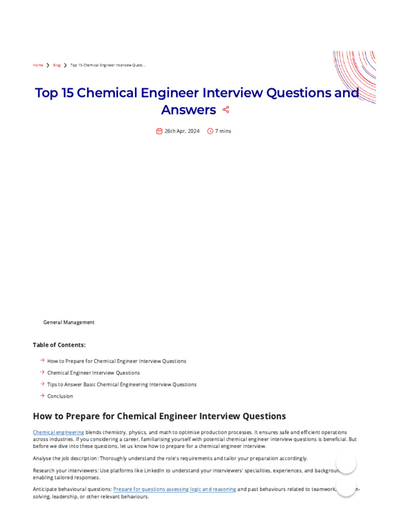 Top Chemical Engineer Interview Questions To Practise in 2024 | PDF ...