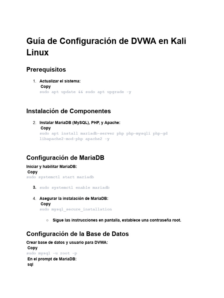 Configura DVWA en Kali Linux Rápidamente | PDF | Mi sql | Bases de datos