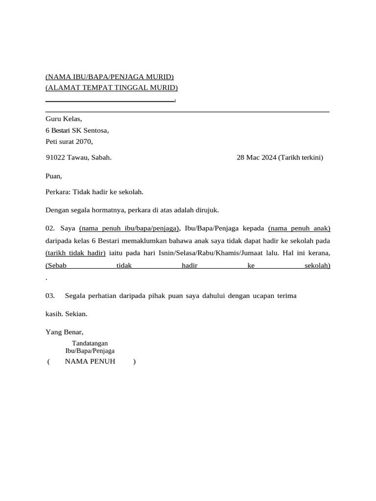 Contoh Surat Rasmi Tunjuk Sebab Ketidakhadiran Ke Sekolah | PDF