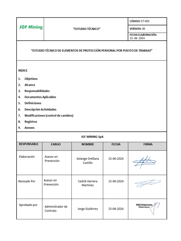 Estudio de EPP JGF Mining - Amalia - Cemin | PDF | Guante | ruido