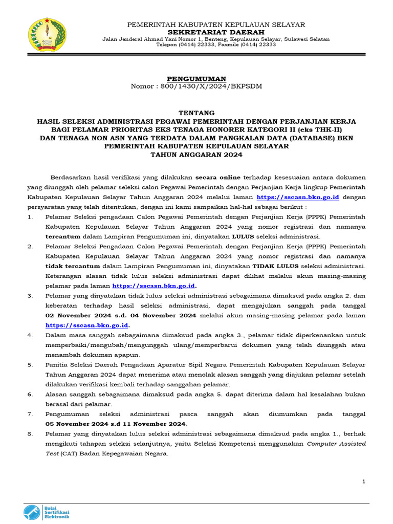 Pengumuman Hasil Seleksi Administrasi PPPK Tahun 2024 Pra Sanggah | PDF Pengumuman Hasil Seleksi Administrasi PPPK Tahun 2024 Pra Sanggah | PDF