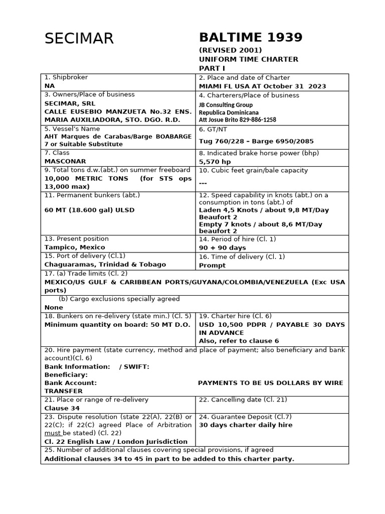 SECIMAR Time Charter Agreement 2023 | PDF | Arbitration | Mediation