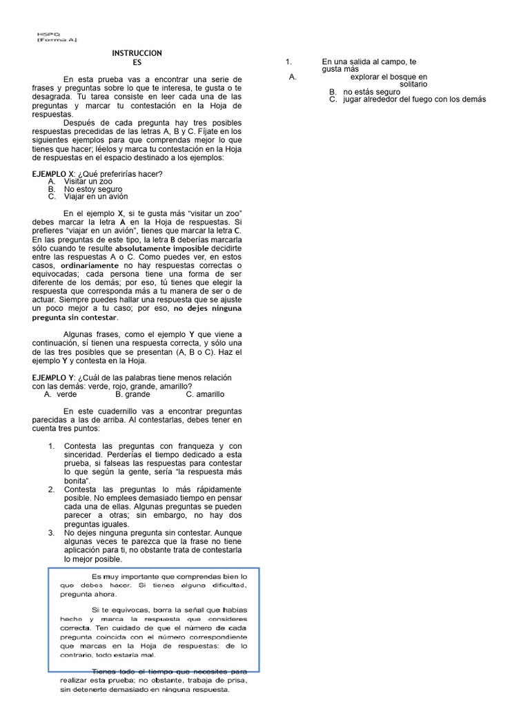 Cuadernillo Preguntas HSPQ | PDF