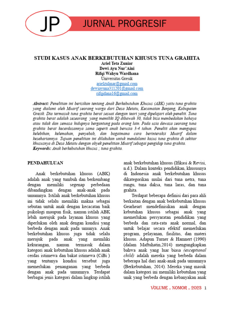 Jurnal Progresif Studi Kasus ABK Tuna Grahita (REVISI) | PDF