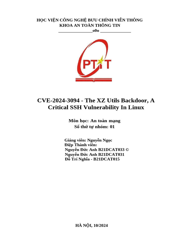 Lớp ATM 3 - Nhóm 1 - Bài tập lớn CVE-2024-3094 | PDF