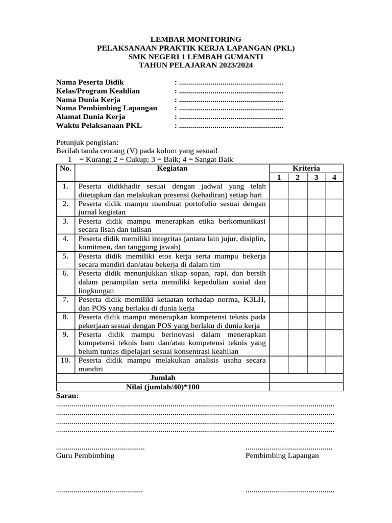Lembar Monitoring PKL SMK 2023/2024 | PDF