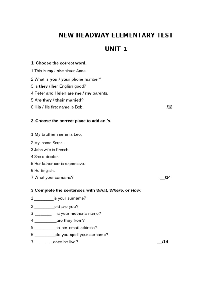 New Headway Elementary Test Unit 1 | PDF | Linguistics