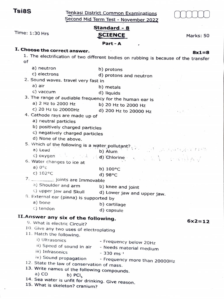 Tenkasi 8th Grade Science Exam 2022 | PDF | Proton | Electric Charge