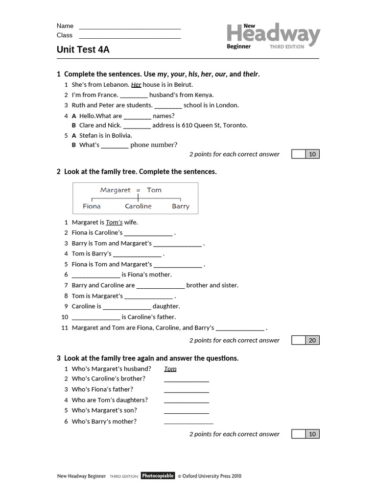 New Headway Beginner Test Unit 4 | PDF | Career & Growth | Teaching ...