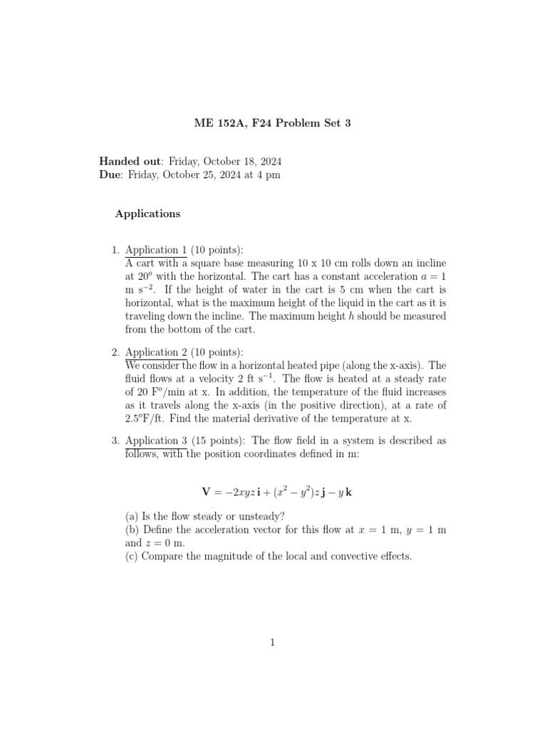 Fluid Dynamics Problem Set ME 152A | PDF | Classical Mechanics | Physical Quantities