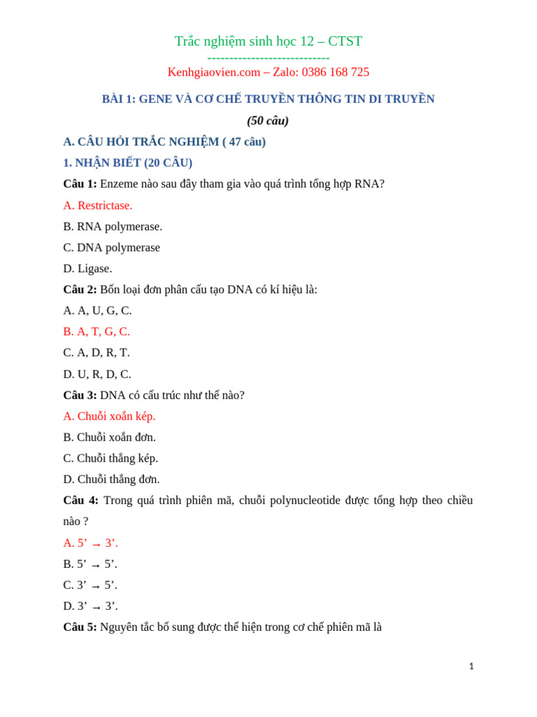 Demo TN Sinh12 Bai 1 CTST | PDF