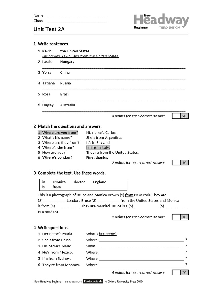 Unit Test 2A for Headway Beginner | PDF
