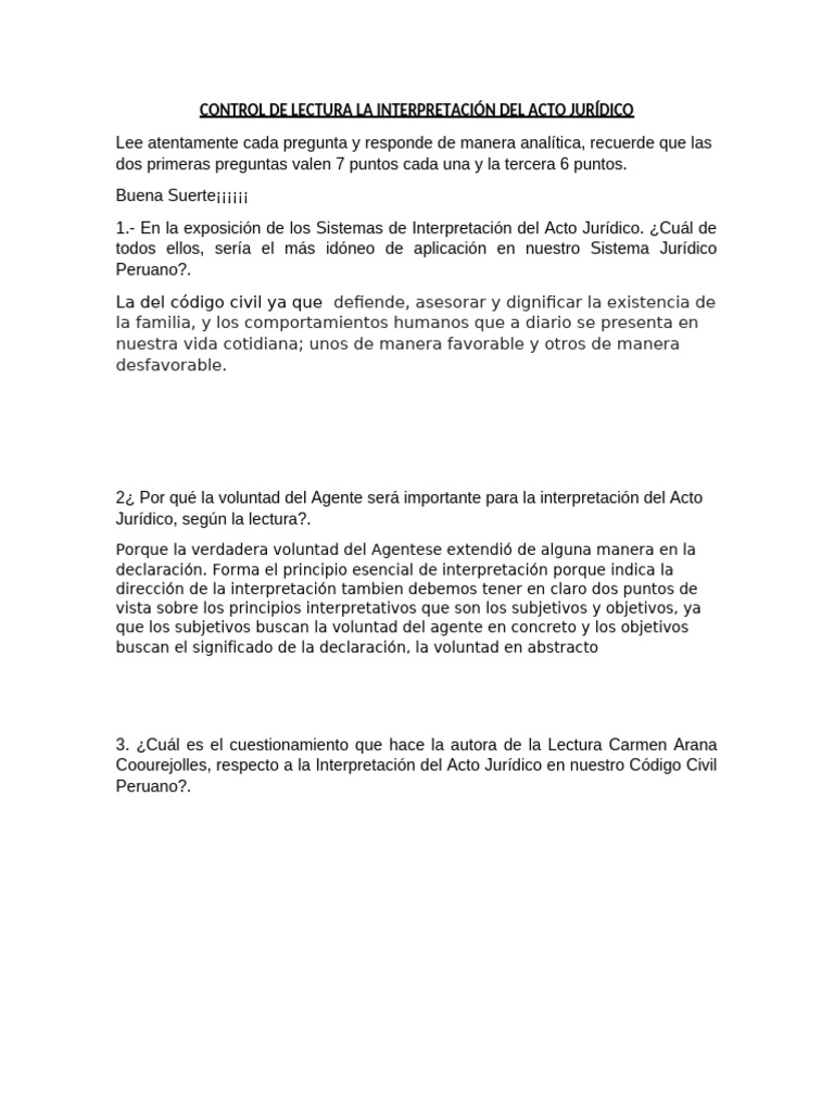 Control de Lectura La Interpretación Del Acto Jurídico | PDF | Crecimiento personal y ...