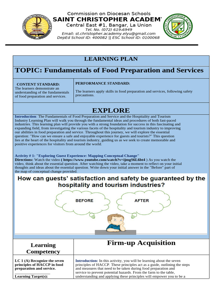 TOPIC: Fundamentals of Food Preparation and Services: Learning Plan ...