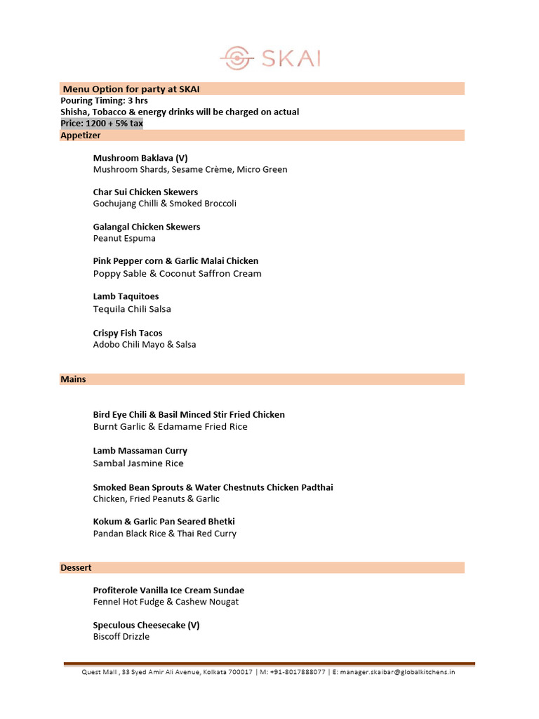 Final Menu For 26th October Party at Skai | PDF
