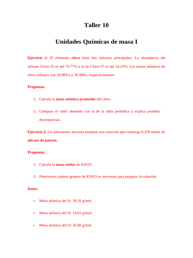Taller 10 Unidades Quimicas de Masa I | PDF | Mole (Unidad) | Compuestos químicos