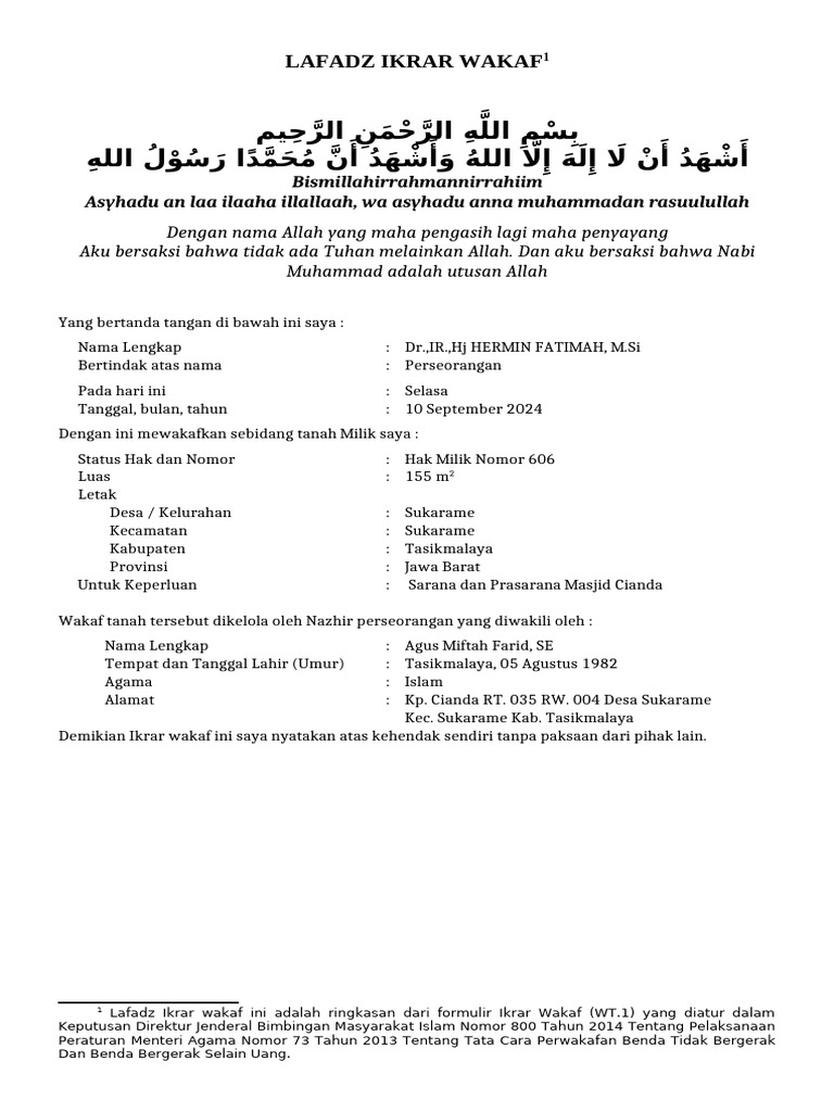 Teks Lafadz Ikrar Wakaf Dan Sumpah Nazhir | PDF