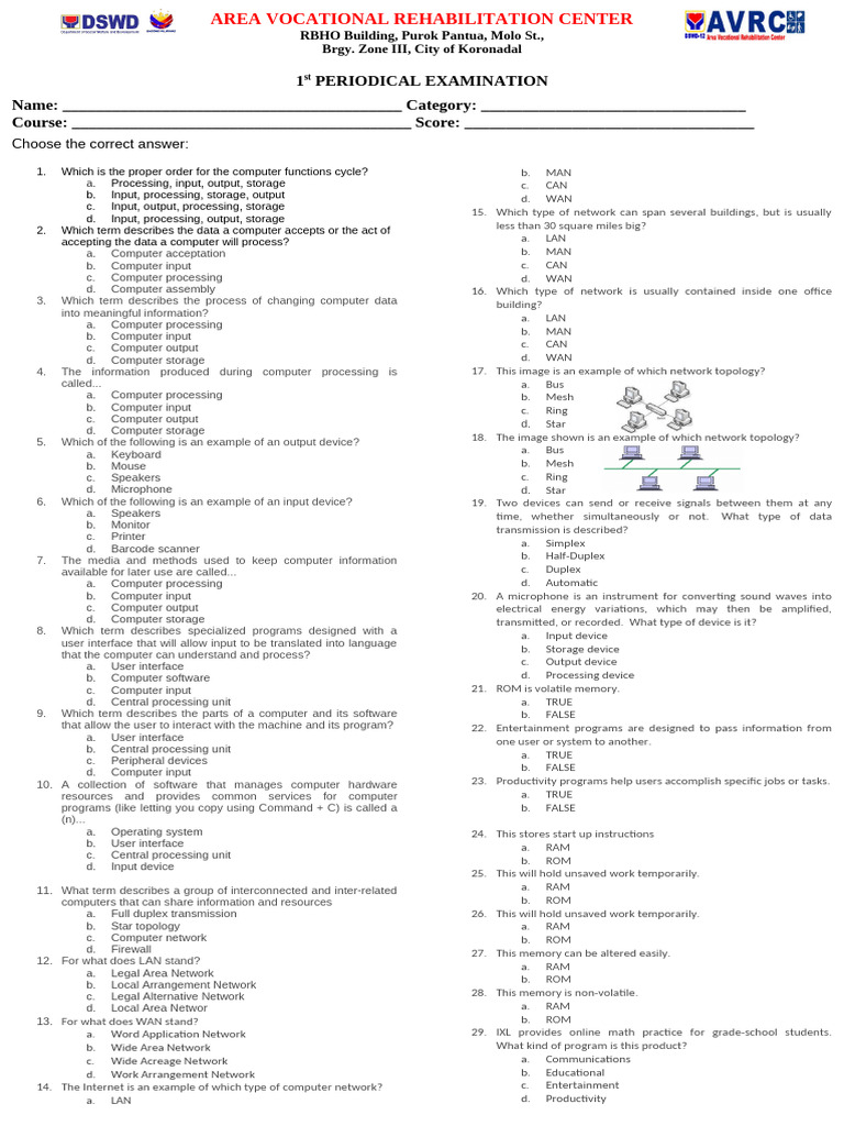1st Periodical Examination | PDF | Input/Output | Computer Network