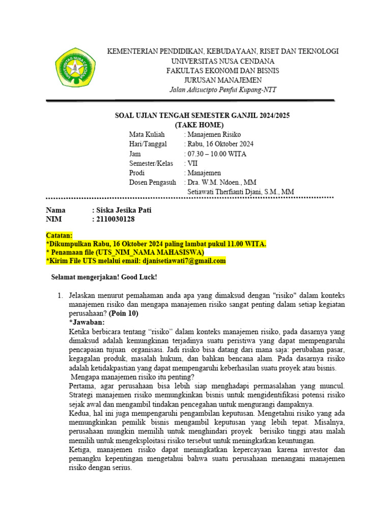 Uts MNJ Risiko - 2110030128 - Siska J. Pati | PDF