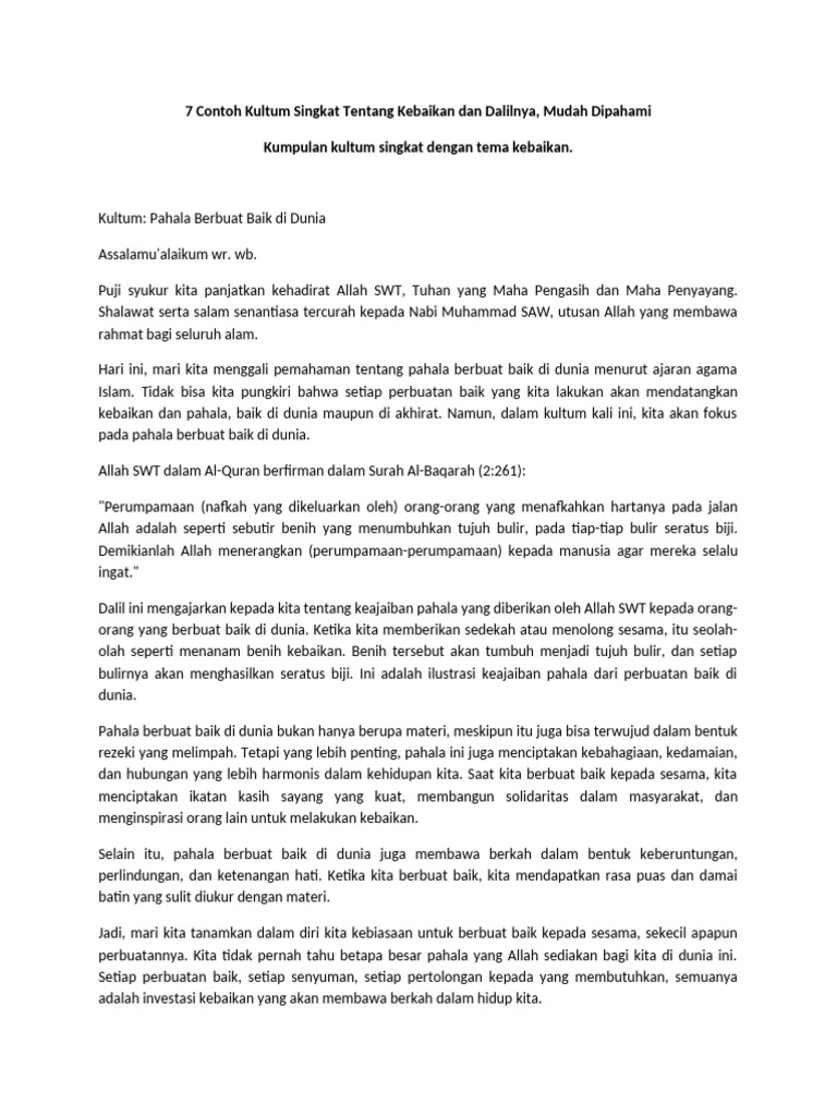 7 Contoh Kultum Singkat Tentang Kebaikan Dan Dalilnya | PDF