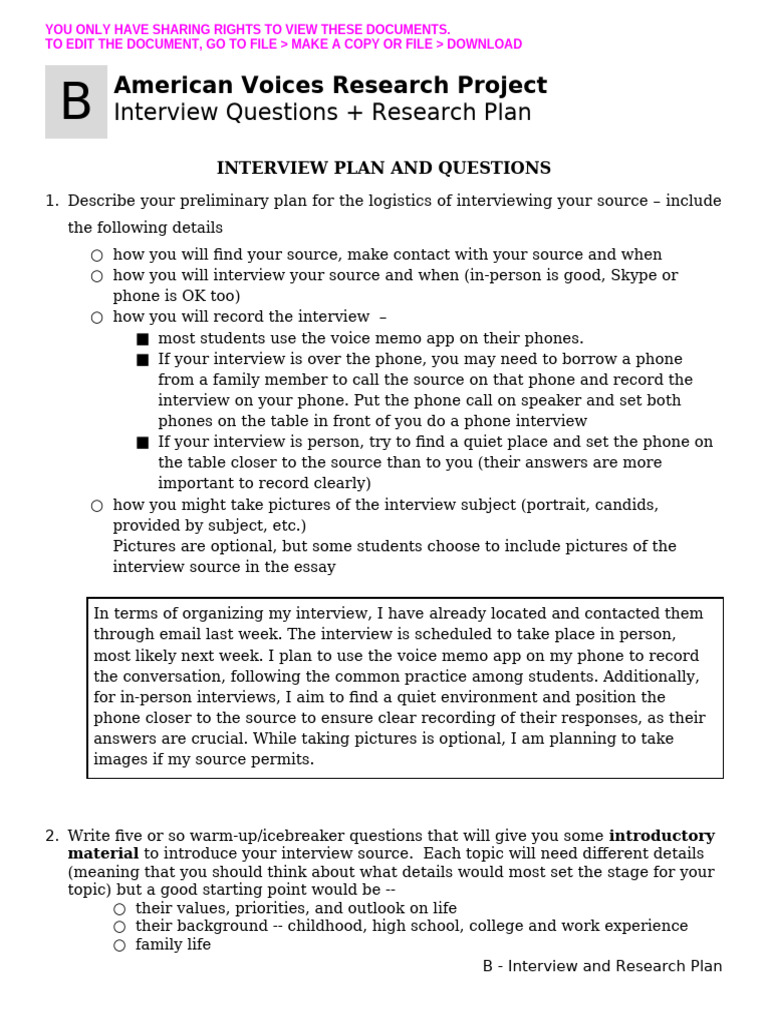 (AP LANG) B-Interview Questions and Research Plan - 2024 | PDF ...