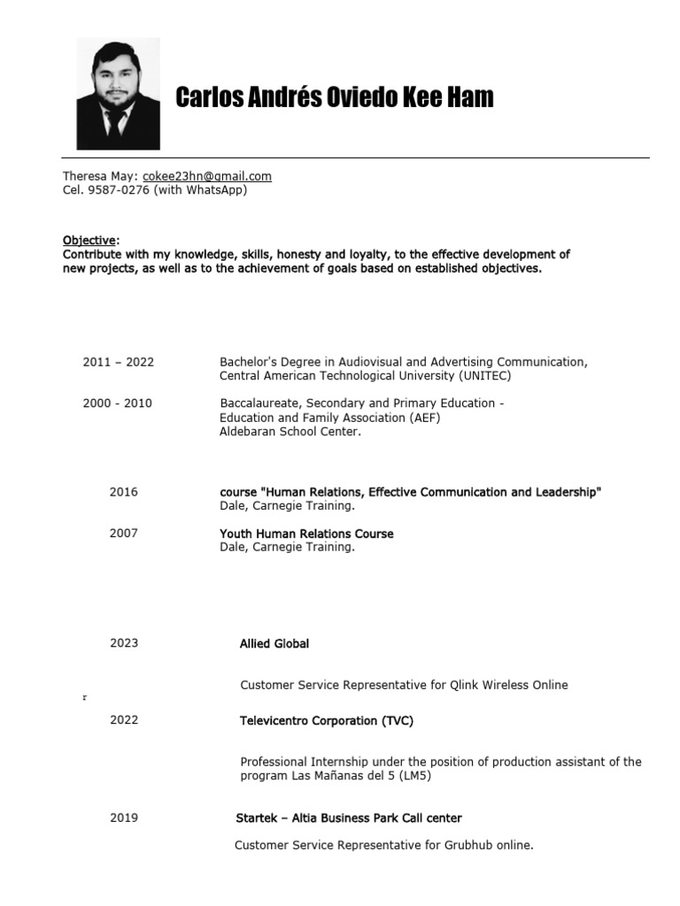 CURRICULUM VITAE - Carlos Andres Oviedo Kee Ham (March 2024) | PDF