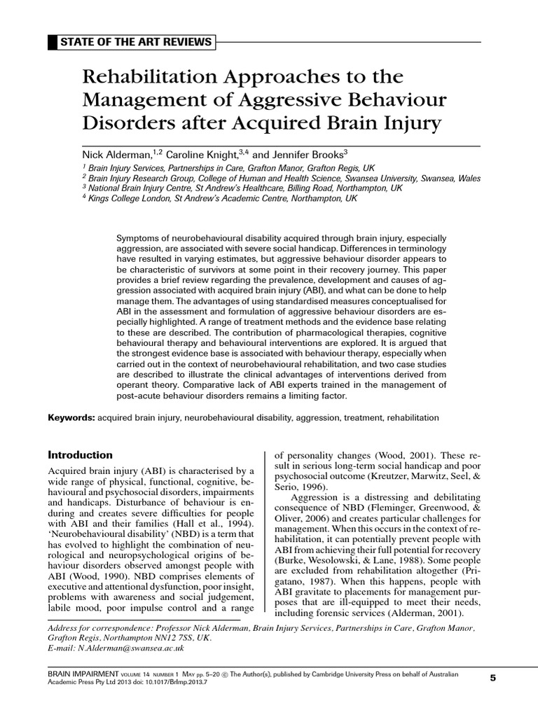 Rehabilitation Approaches To The Management of Aggressive Behaviour ...