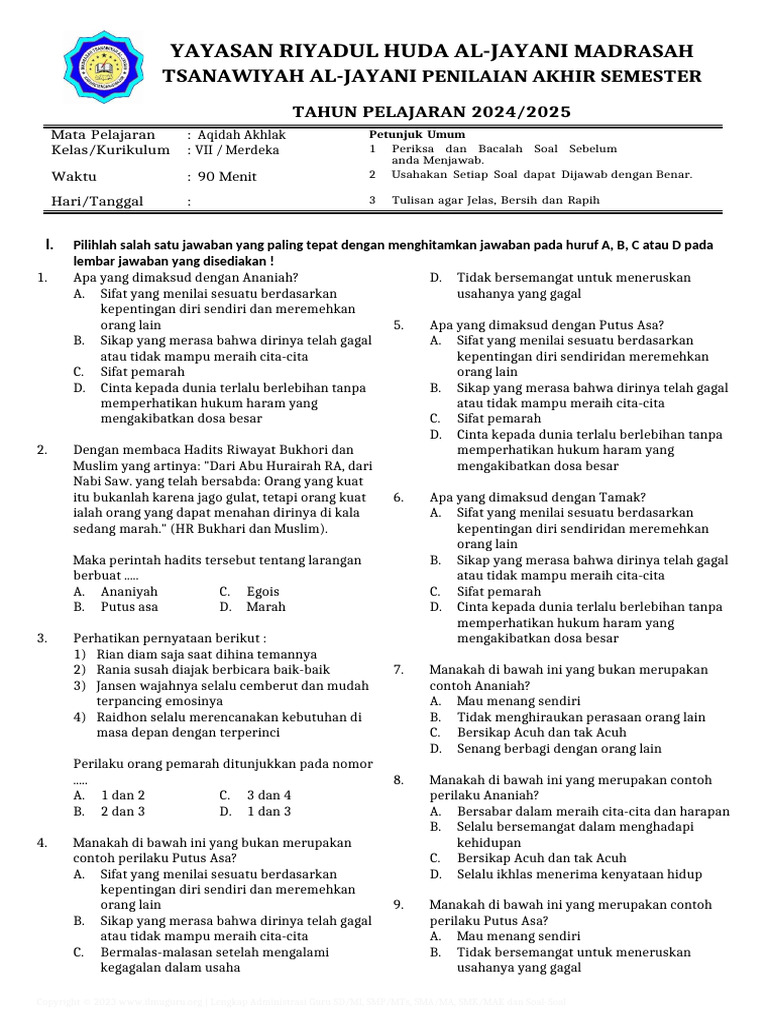 Soal PAS Akidah Akhlak VIII | PDF