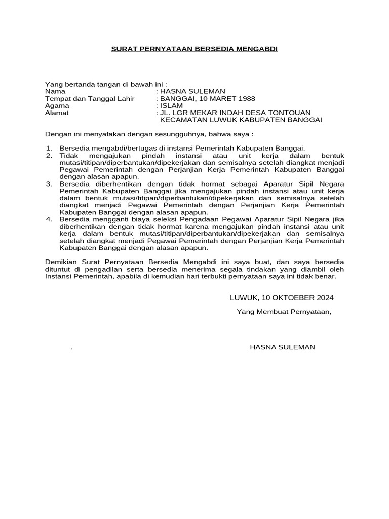 Format Surat Pernyataan Bersedia Mengabdi | PDF