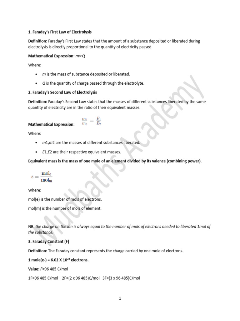 Faraday's Laws of Electrolysis Explained | PDF | Mole (Unit) | Ion