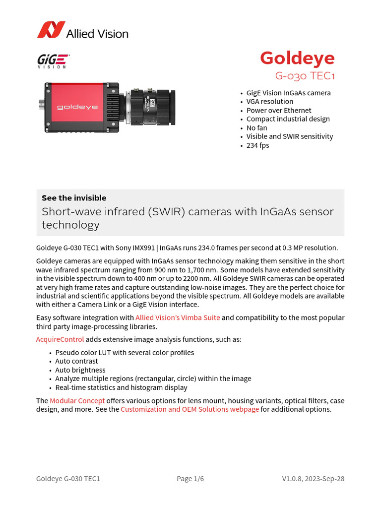 Goldeye G-030 TEC1 SWIR Camera Overview | PDF | Infrared | Camera