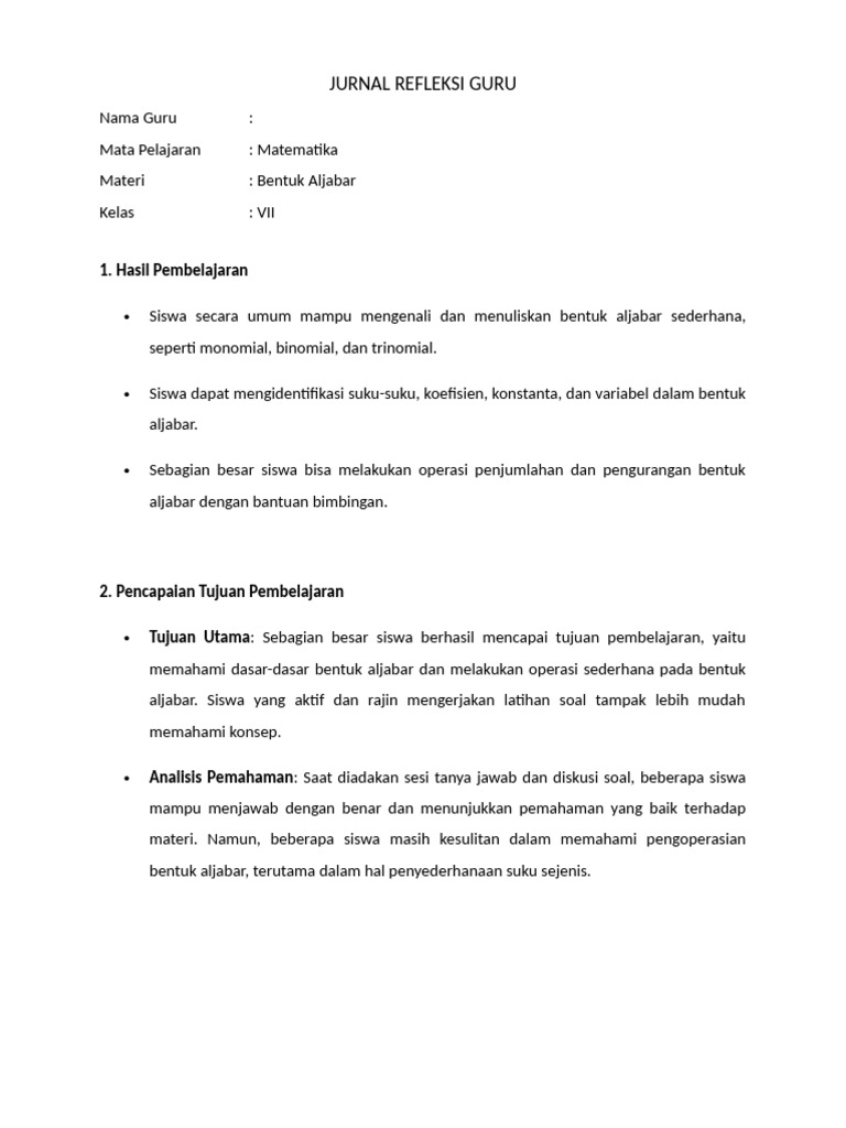 Jurnal Refleksi Guru | PDF | Karier & Perkembangan | Seni & Disiplin Bahasa