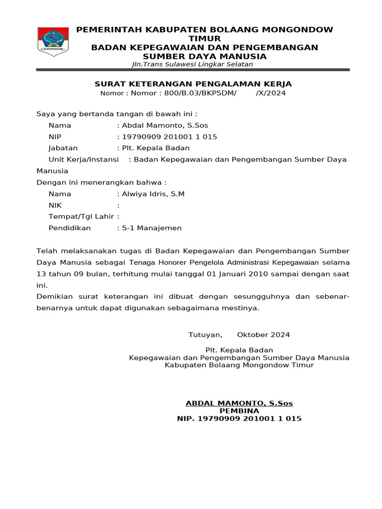 Lampiran V Surat Keterangan Pengalaman Kerja Yang Relevan Dengan Jabatan Dilamar | PDF