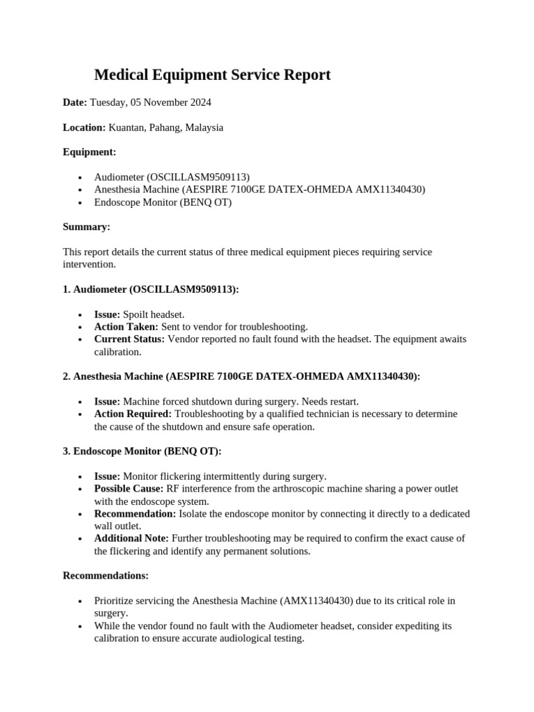 Medical Equipment Service Status Report | PDF