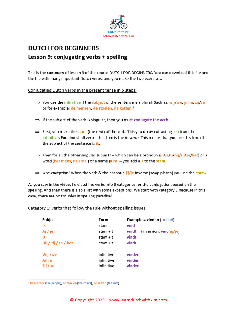 DUTCH FOR BEGINNERS - Lesson 9 | PDF | Grammatical Conjugation ...