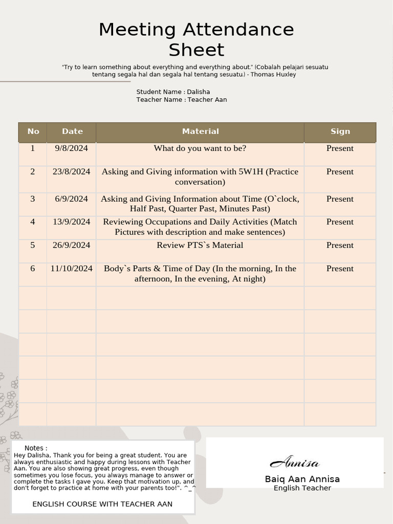 Dalisha Course Attendence #1 | PDF | Teachers