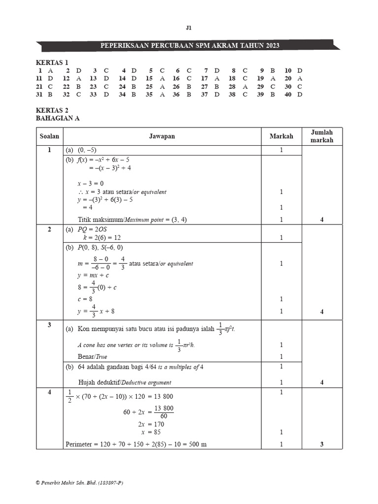 Skema Pemarkahan Kertas Percubaan SPM Terengganu AKRAM Matematik | PDF